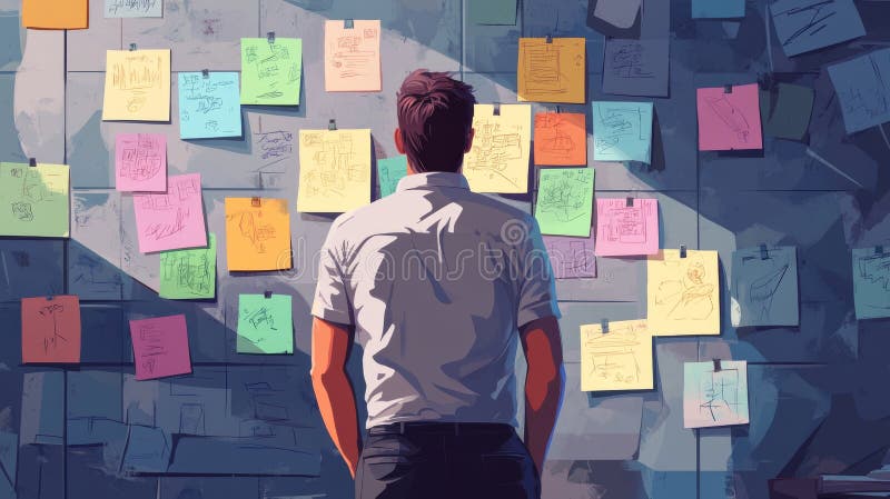 A Man is Sitting at Office and Looking at Whiteboard Covered by Sticky ...