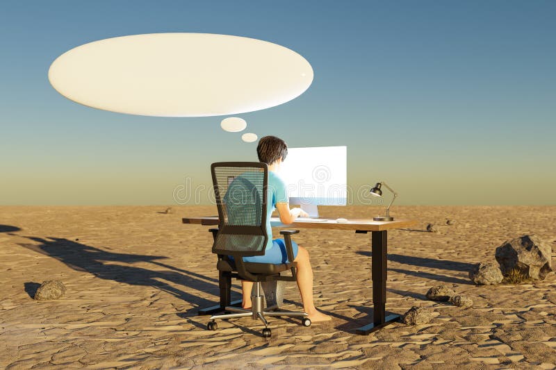 Man Sitting at Pc Office Workplace in Desert Environment with Huge ...