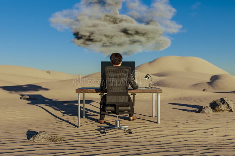 Man Sitting at Pc Office Workplace in Desert Environment with Huge ...