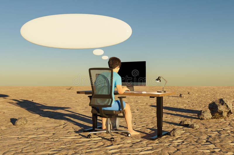 Man Sitting at Pc Office Workplace in Desert Environment with Huge ...