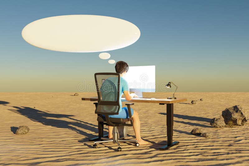 Man Sitting at Pc Office Workplace in Desert Environment with Huge ...