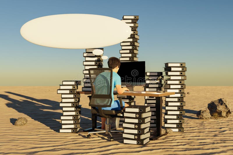 Man Sitting at Pc Office Workplace in Desert Environment with Huge ...