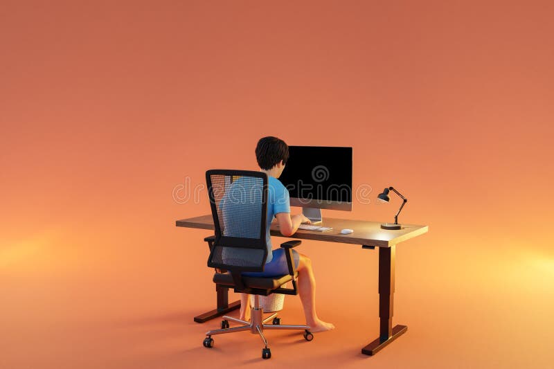 Man Sitting at Pc Office Workplace on Isolated Infinite Background ...