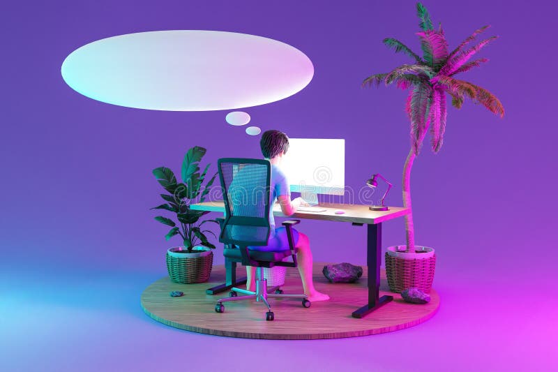 Man Sitting at Pc Office Workplace in Isolated Tropical Island ...