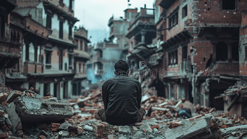 Man Sitting on a Pile of Rubble, Showcasing a Post-earthquake Scenario ...