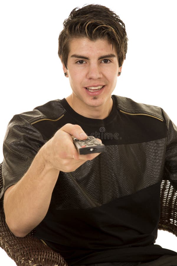 Man No Shirt Remote Control Sit Point Looking Stock Image - Image of ...