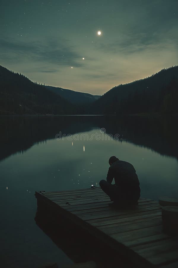 A Man Sitting in Prayer at the Edge of a Dock with Calm Water ...