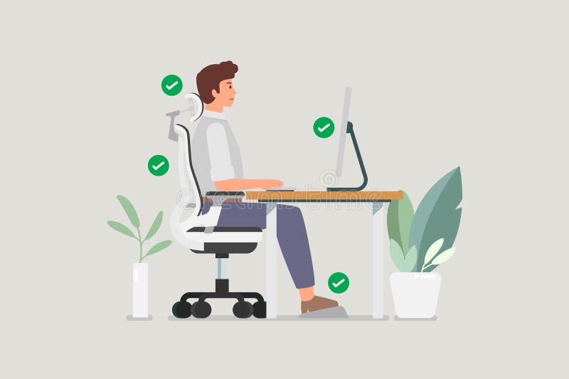 Man Sitting Properly at Desk and Working with a Computer Stock Vector ...