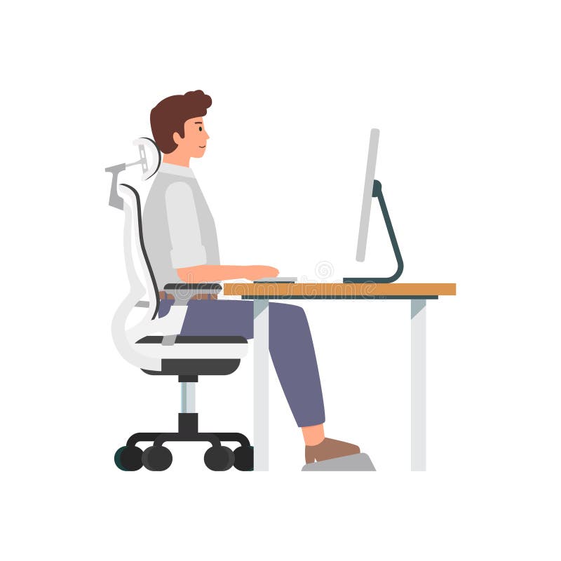 Man Sitting Properly at Desk and Working with Computer Stock ...