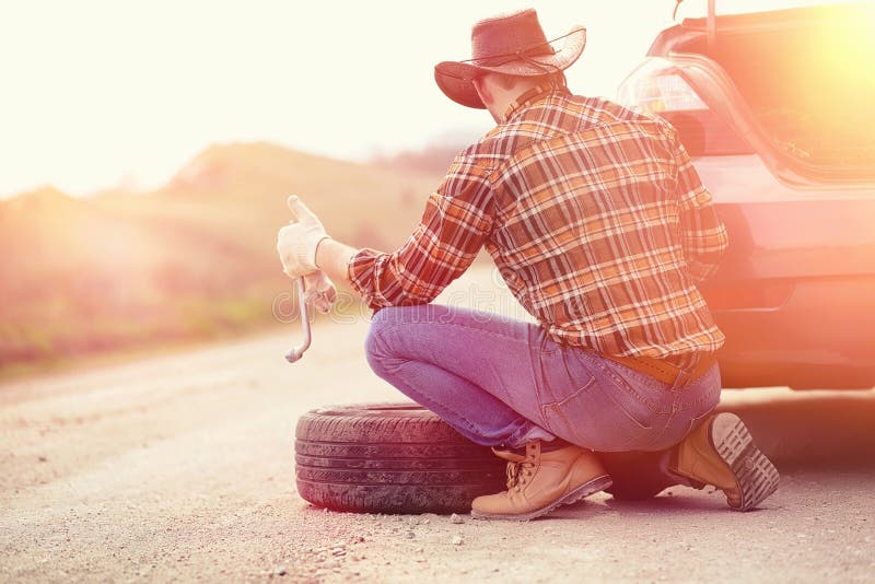 Man is Sitting on the Road by the Car Stock Image - Image of country ...