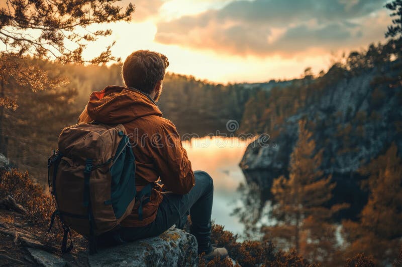 A Man is Sitting on a Rock with a Backpack on His Back, Enjoying the ...
