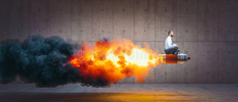 Man Sitting on a Rocket with Flames and Smoke Stock Photo - Image of ...