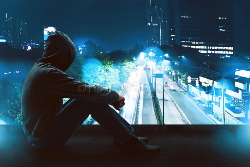 Man Sitting on the Rooftop at Night Stock Image - Image of relax, high ...