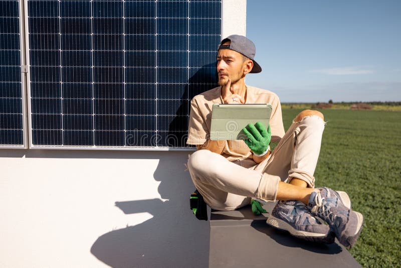 Man Sitting on a Rooftop with Solar Panels and Using Digital Tablet ... Man Sitting on a Rooftop with Solar Panels and Using Digital Tablet ...