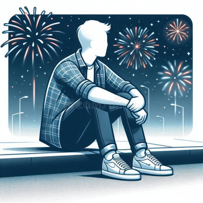 Man Sitting on Sidewalk Watching Fireworks. Stock Photo - Image of ...