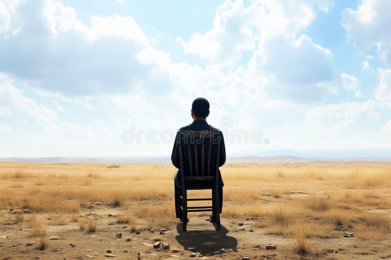 Man Sitting on a Single Chair in the Middle of an Open Field Stock ...
