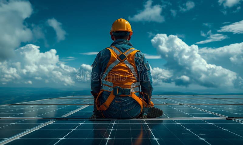Man Sitting on Solar Panel stock photo. Image of rooftop - 323276558