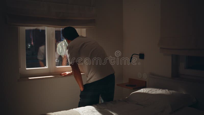 Man Sitting Sorrowfully Bed at Window Moonlight. Male Suffering Sleep ...