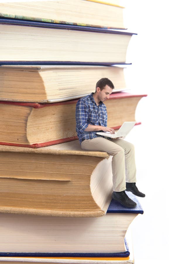Man Sitting on a Stack of Books Stock Image - Image of fantasy, reading ...
