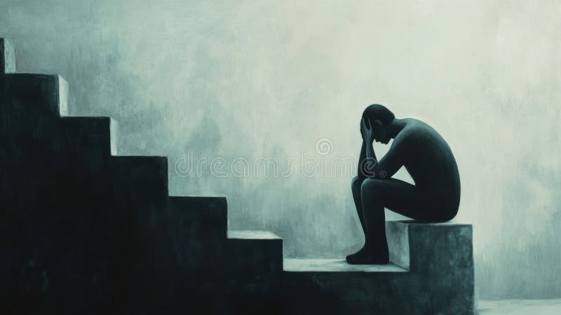 A Man Sitting on a Step with His Head in His Hands Stock Illustration ...