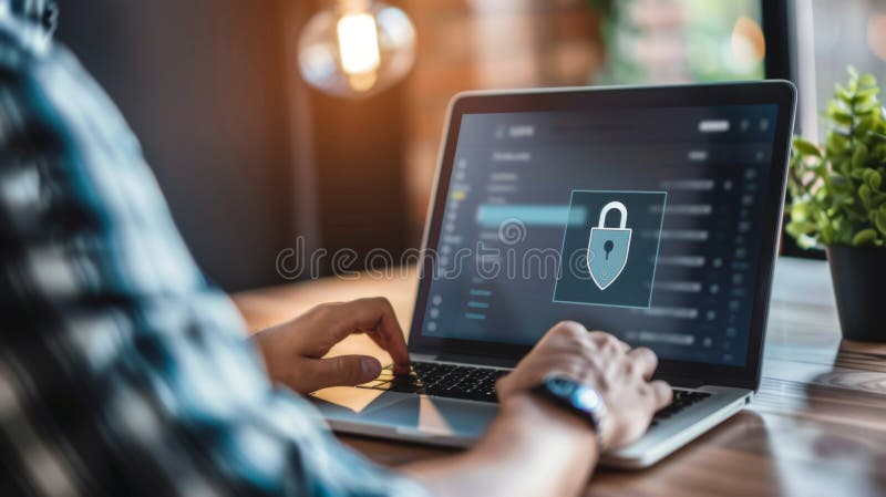 Man Using Laptop with Padlock on Screen Stock Image - Image of browsing ...