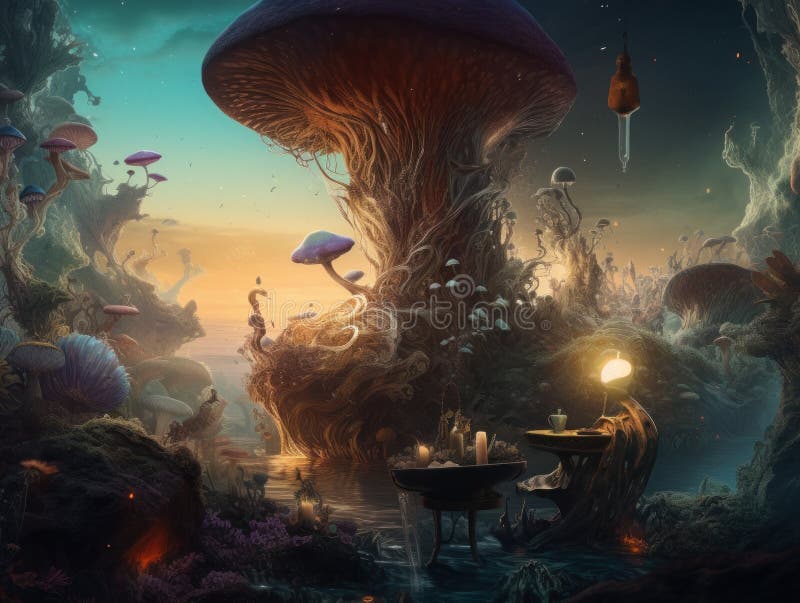 A Man Sitting at a Table in Front of a Giant Mushroom. AI Generative ...