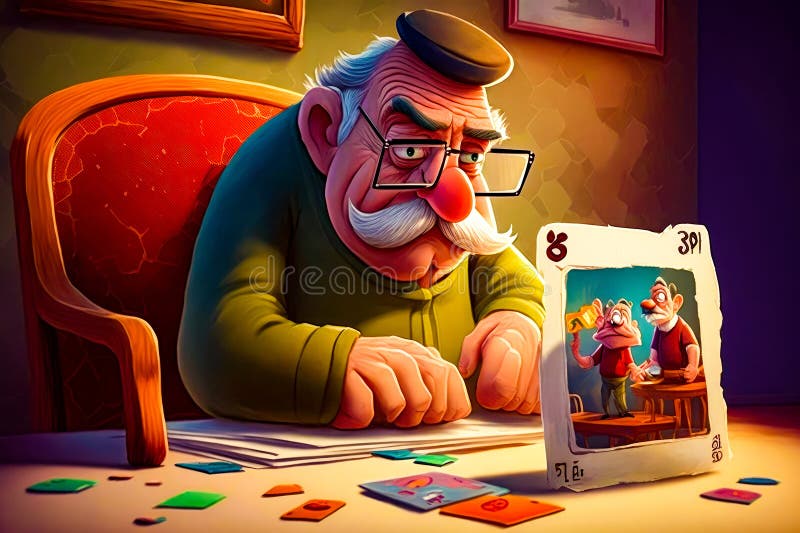 Man Sitting at Table in Front of Picture of Cartoon Character ...