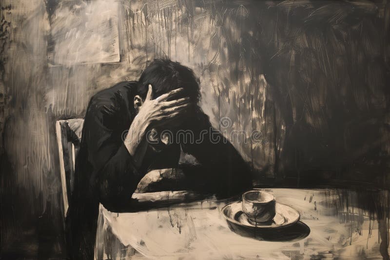 Man is Sitting at the Table with His Head in His Hand. Stock ...