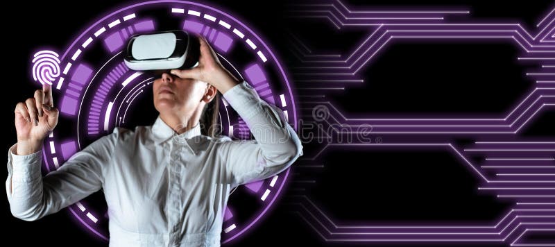 Woman Wearing Vr Glasses and Pointing on Important Messages with One ...