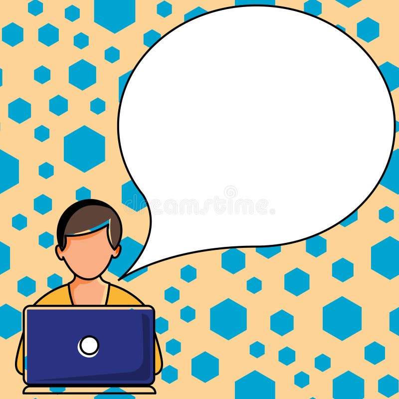 Man Sitting at the Table with Laptop. Big White Speech Bubble for Text ... Man Sitting at the Table with Laptop. Big White Speech Bubble for Text ...