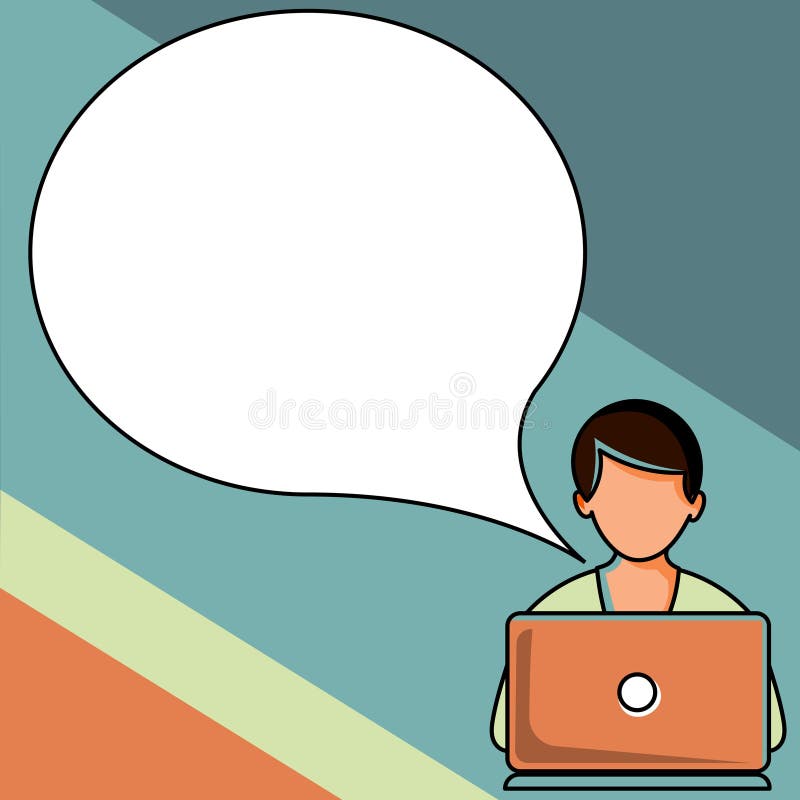 Man Sitting at the Table with Laptop. Big White Speech Bubble for Text ... Man Sitting at the Table with Laptop. Big White Speech Bubble for Text ...
