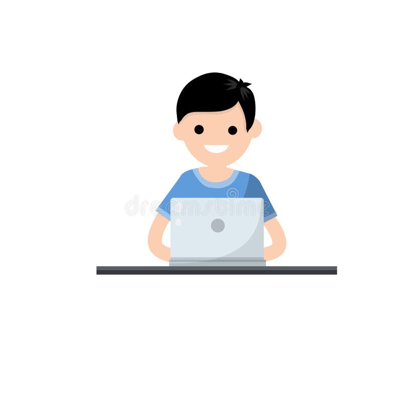 Man Sitting at Table with Laptop. Sad Displeased Boy Stock Vector ...