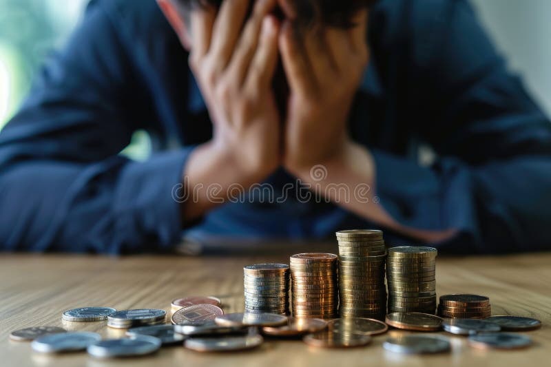 A Man is Sitting at a Table with a Pile of Coins in Front of Him Stock ...