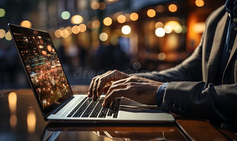 Man Sitting at Table Using Laptop Computer Stock Image - Image of ...