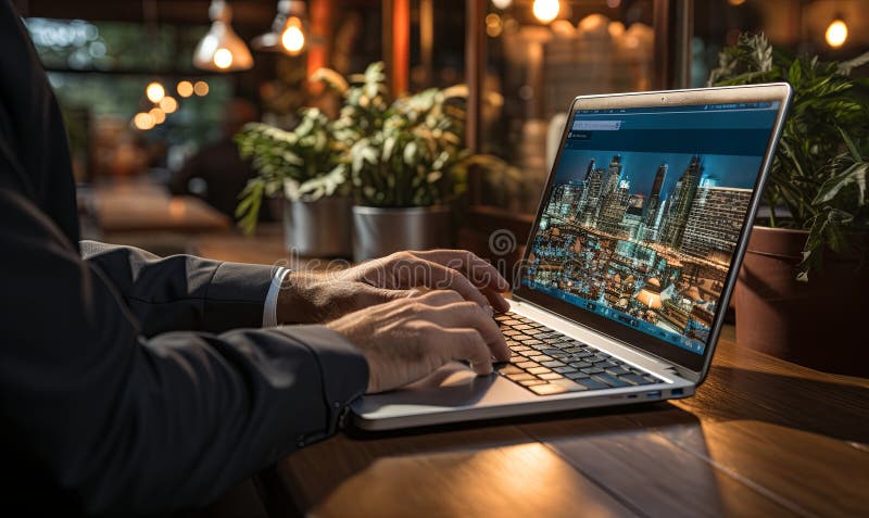 Man Sitting at Table Using Laptop Computer Stock Photo - Image of ...