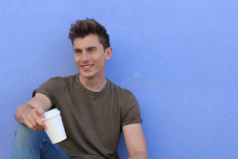 Man Sitting with To Go Cup of Coffee Stock Image - Image of happy ...