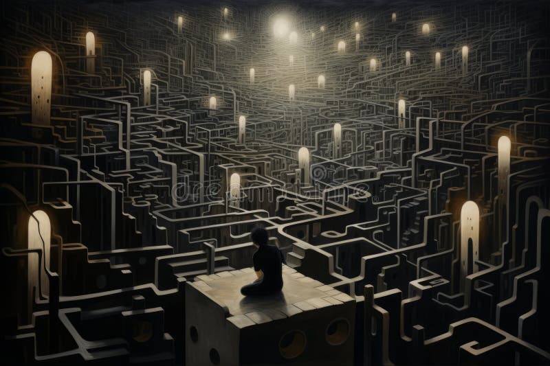 A Man Sitting on Top of a Box in a Maze Stock Illustration ...