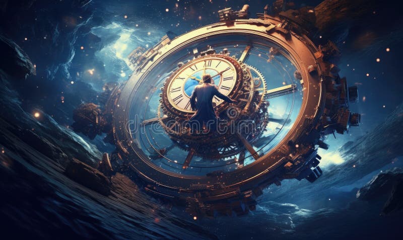 Photo of a Man Sitting on Top of a Giant Clock Stock Illustration ...