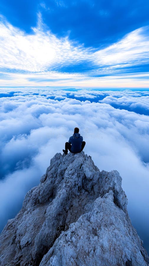 A Man Sitting on Top of a Mountain Looking Out Over the Clouds Stock ...