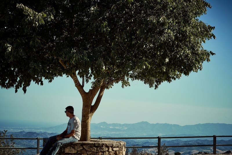 Man Sitting Under a Tree Admiring a Distant Mountainous Landscape Stock ...