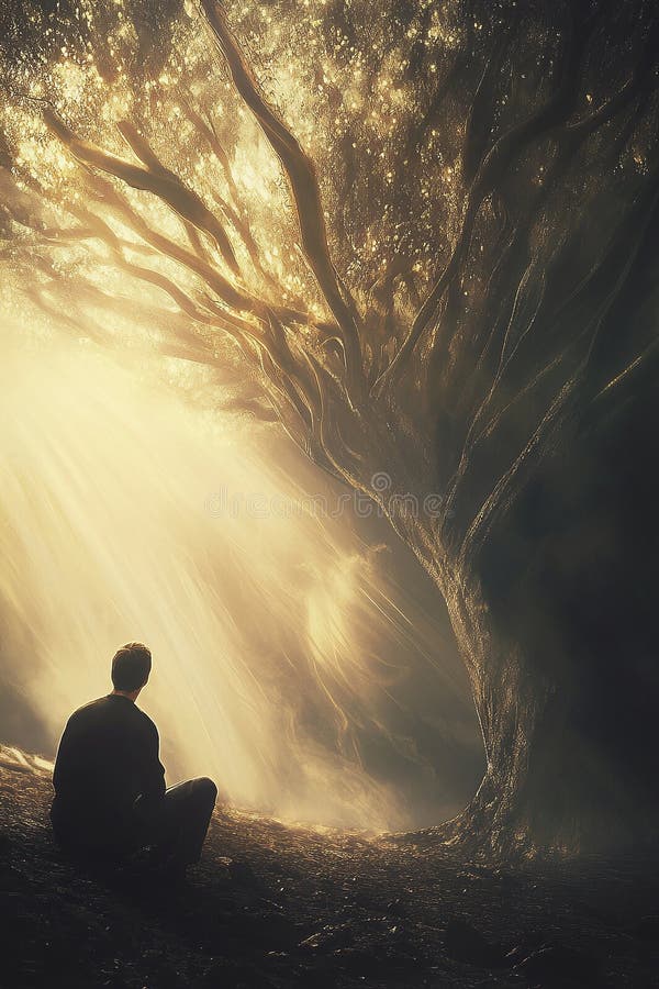 A Man Sitting Under a Tree of Light Its Branches Stretching Endlessly ...