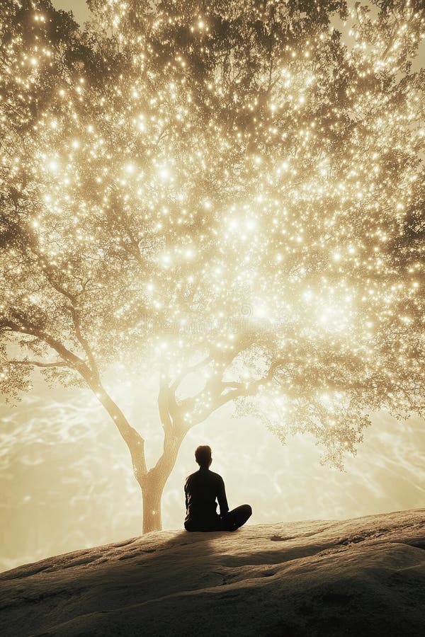 A Man Sitting Under a Tree of Light Its Branches Stretching Endlessly ...