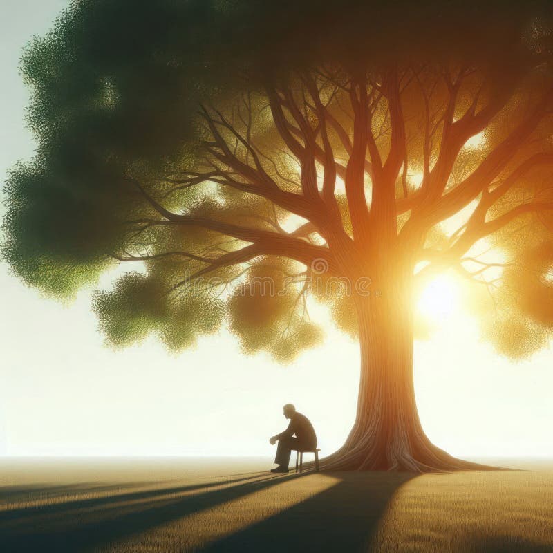 Man Sitting Under a Tree at Sunset, Away from the Hustle and Bustle ...