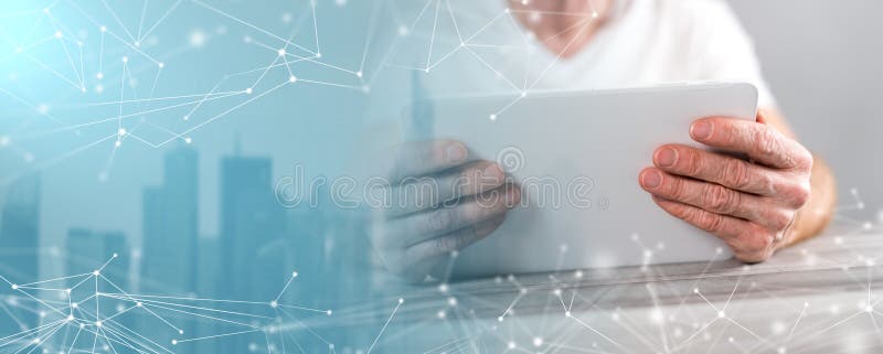 Tablet Using Panoramic Banner Stock Photo - Image of holding ...