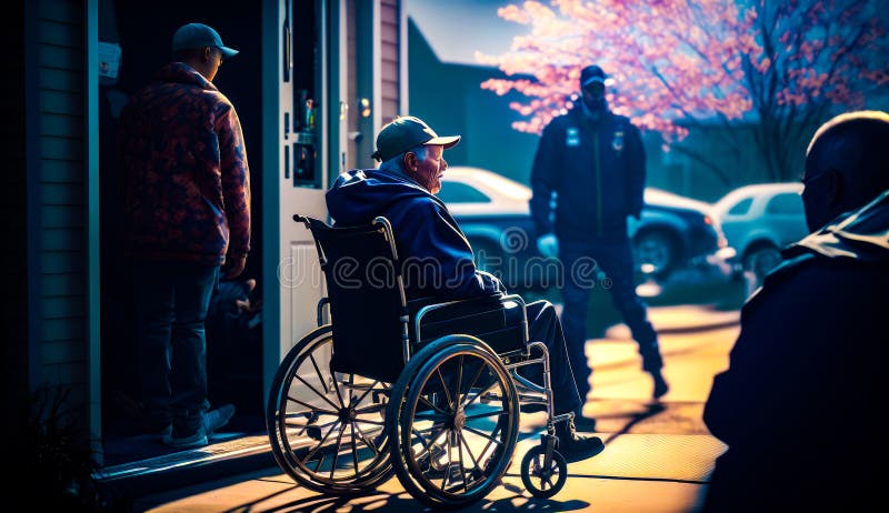 Man Sitting in Wheel Chair on Sidewalk Next To Tree. Generative AI ...