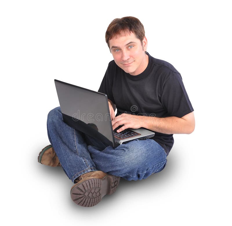Man Sitting on White with Laptop Computer Stock Image - Image of cutout ...