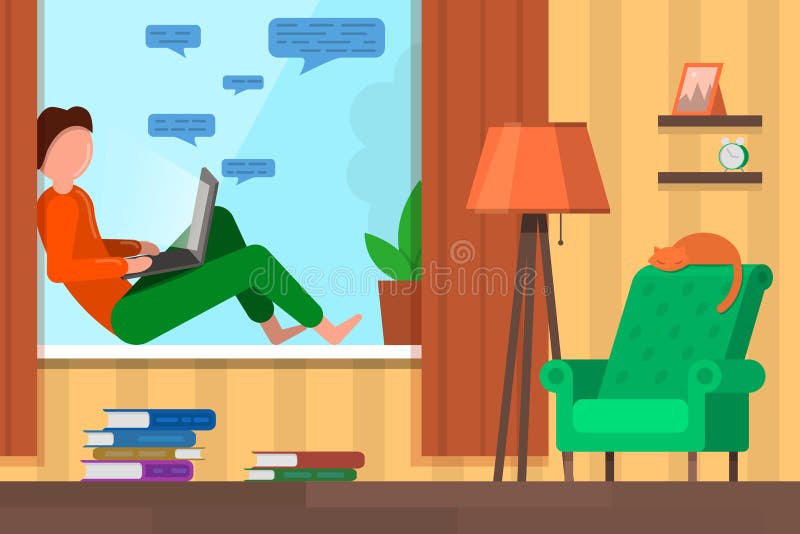 Man Sitting on Window and Working on Laptop, Freelance, Quarantine ...