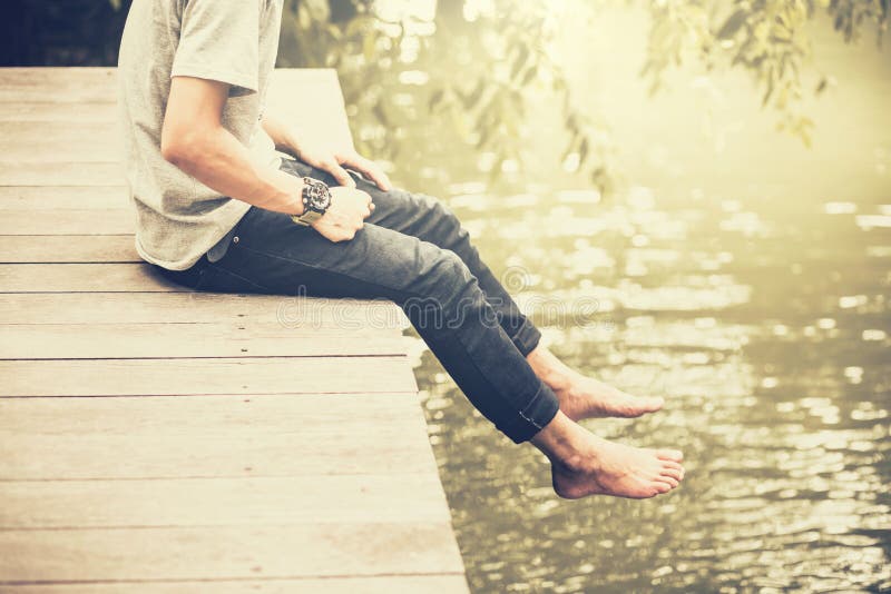 Man Sitting on the Wood Bridge Stock Image - Image of leisure, canal ...