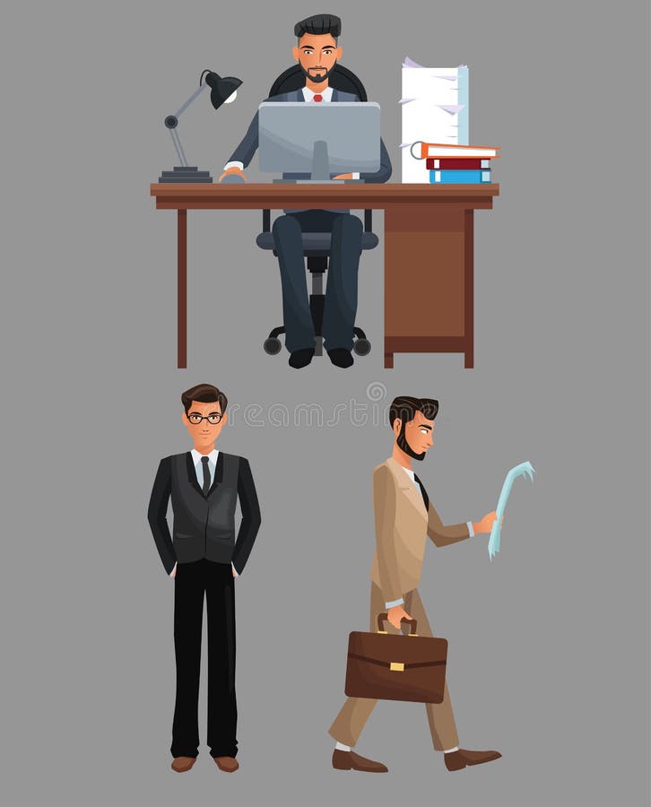 Man Sitting Work Desk and Men Walk Suit Stock Vector - Illustration of ...