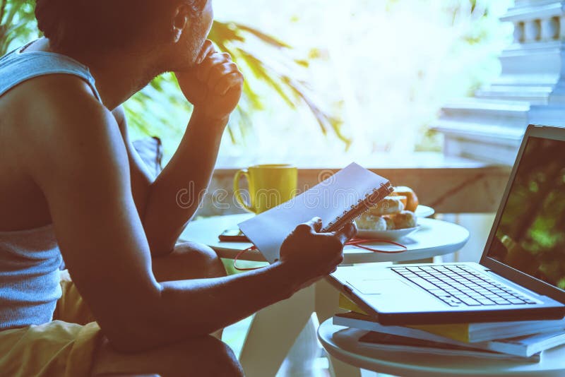 Man Sitting Work Writing Record in the Holiday Stock Photo - Image of ...